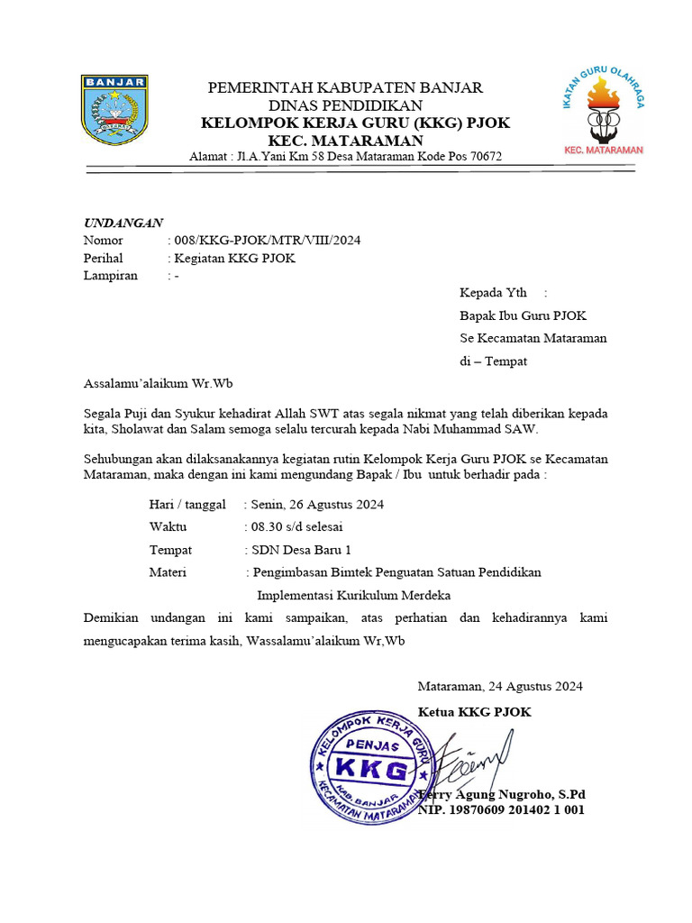 UNDANGAN KKG PJOK Agustus 2024 | PDF