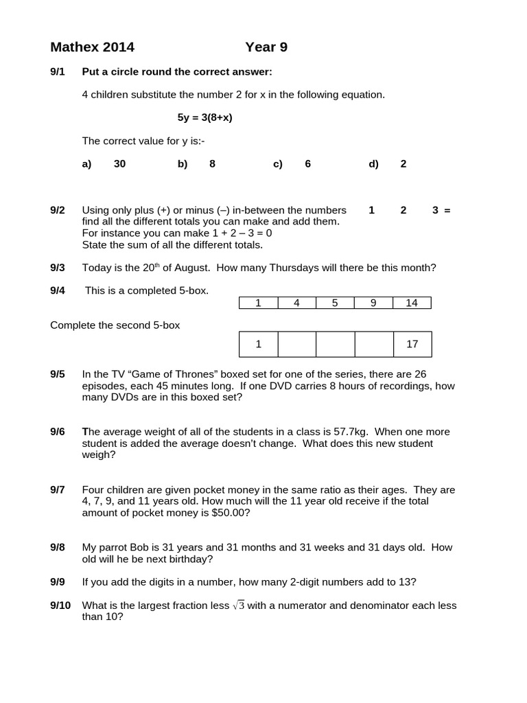 Mathex Year 9 2014 Plus Answers | PDF