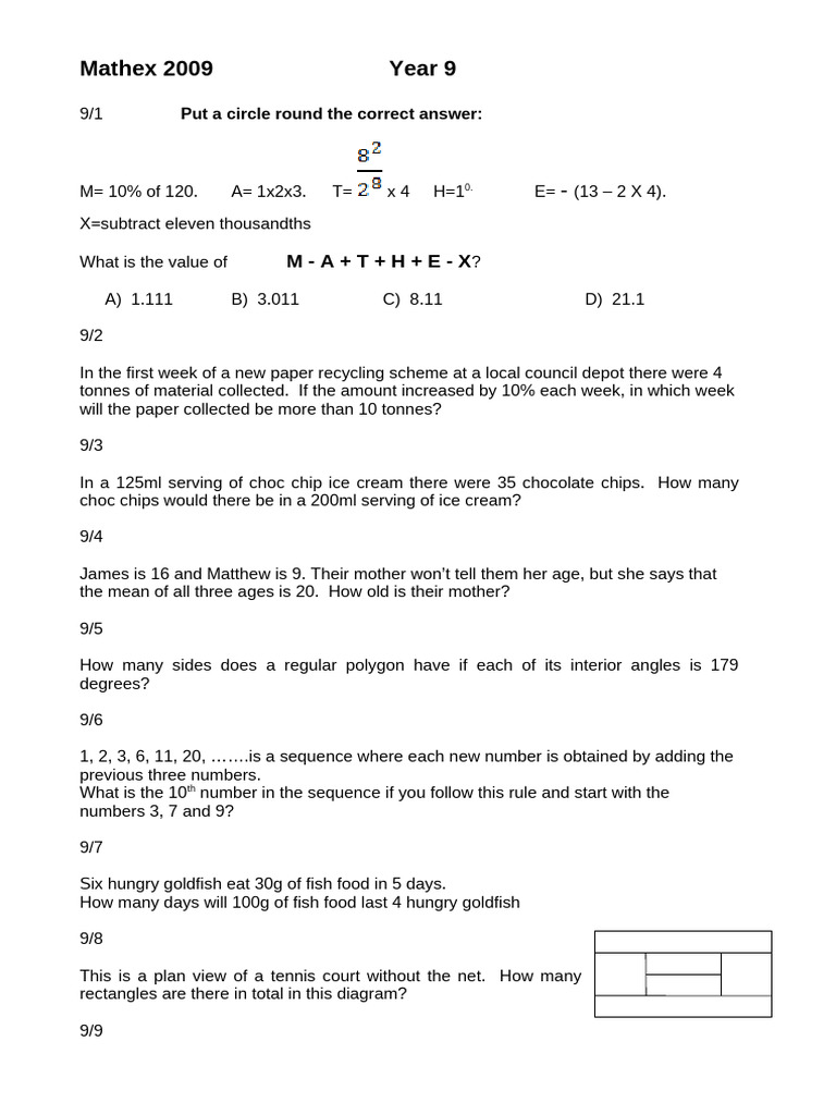 Mathex 2009 Year 9 | PDF