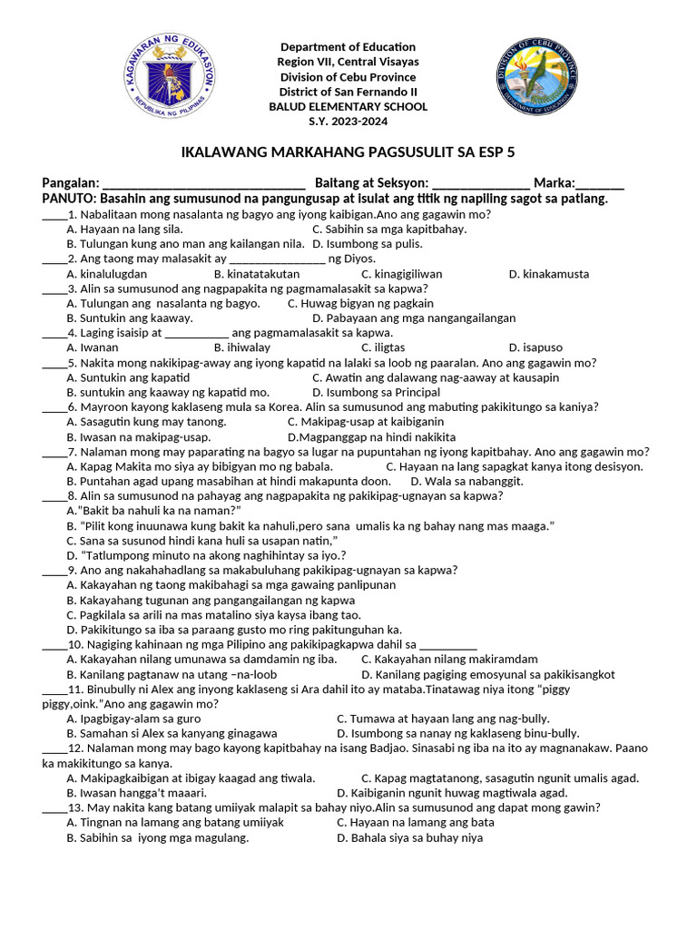 2nd-Periodical-Test-grade 5-2023-2024-MELC | PDF