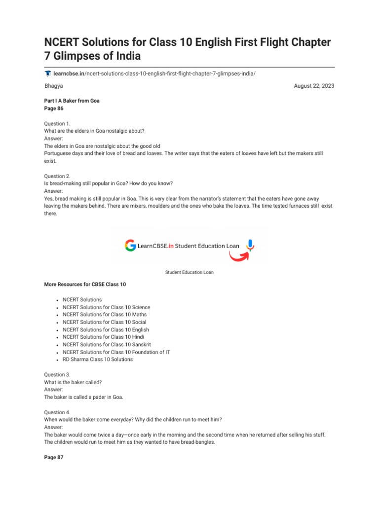 NCERT Solutions For Class 10 English First Flight Chapter 7 Glimpses of ...