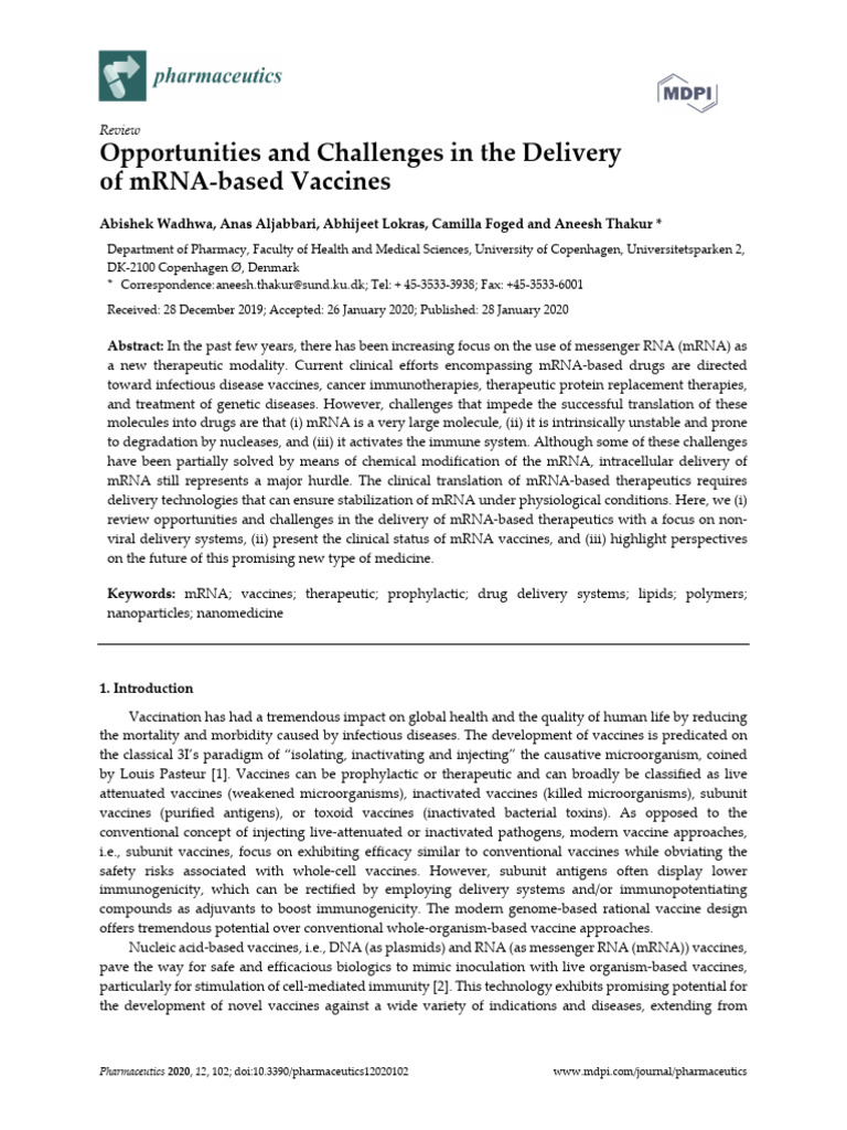 Opportunities and Challenges in The Delivery of mRNA Vaccines | PDF