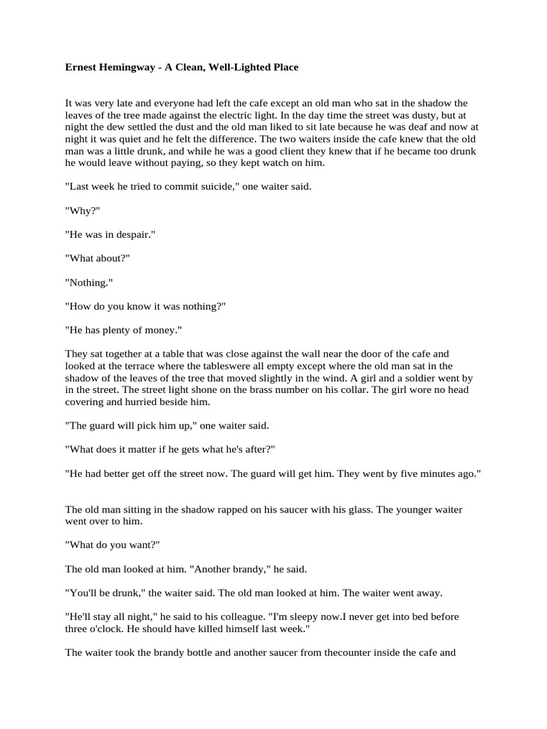 Ernest Hemingway - A Clean, Well-Lighted Place | PDF