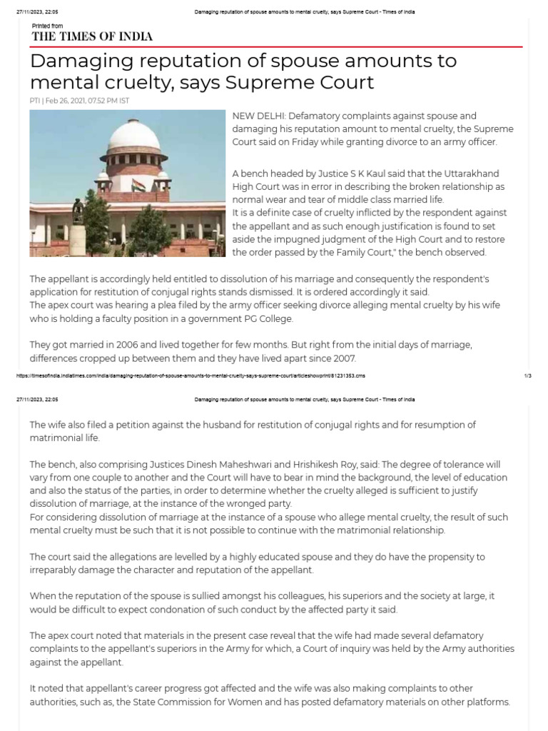 Damaging Reputation of Spouse Amounts To Mental Cruelty, Says Supreme ...