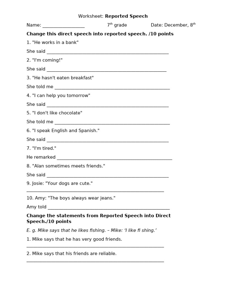 reported speech Worksheet | PDF