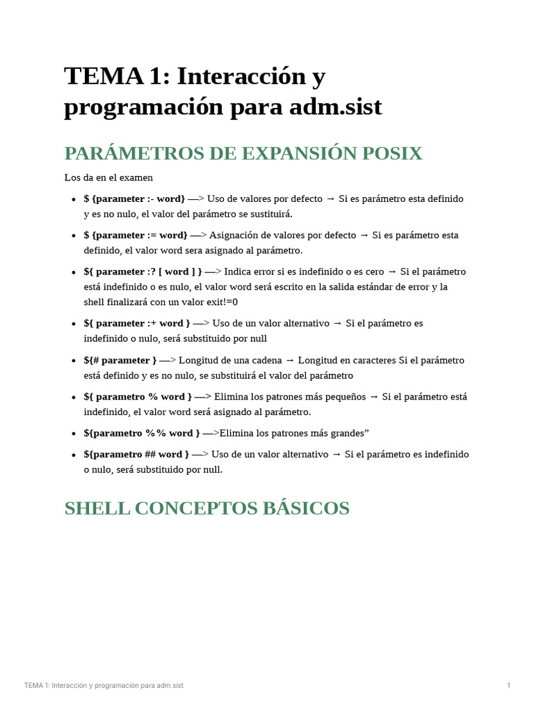 TEMA 1: Interacción y Programación para Adm - Sist: Parámetros de Expansión Posix | PDF