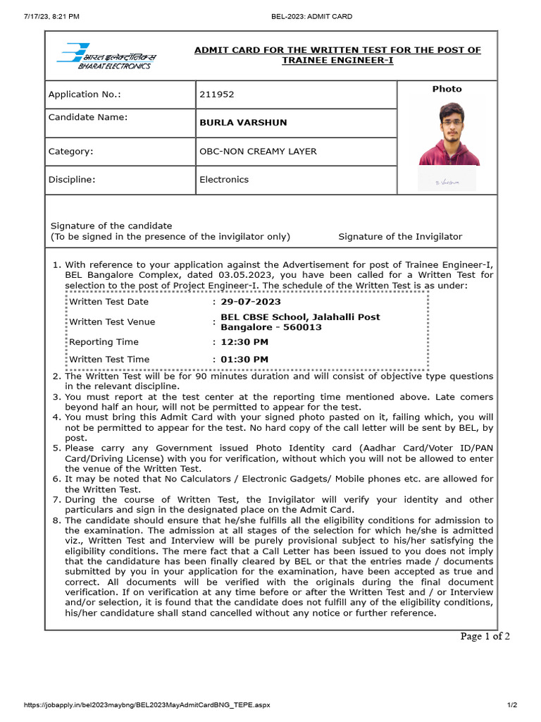 Bel-2023 - Admit Card | PDF