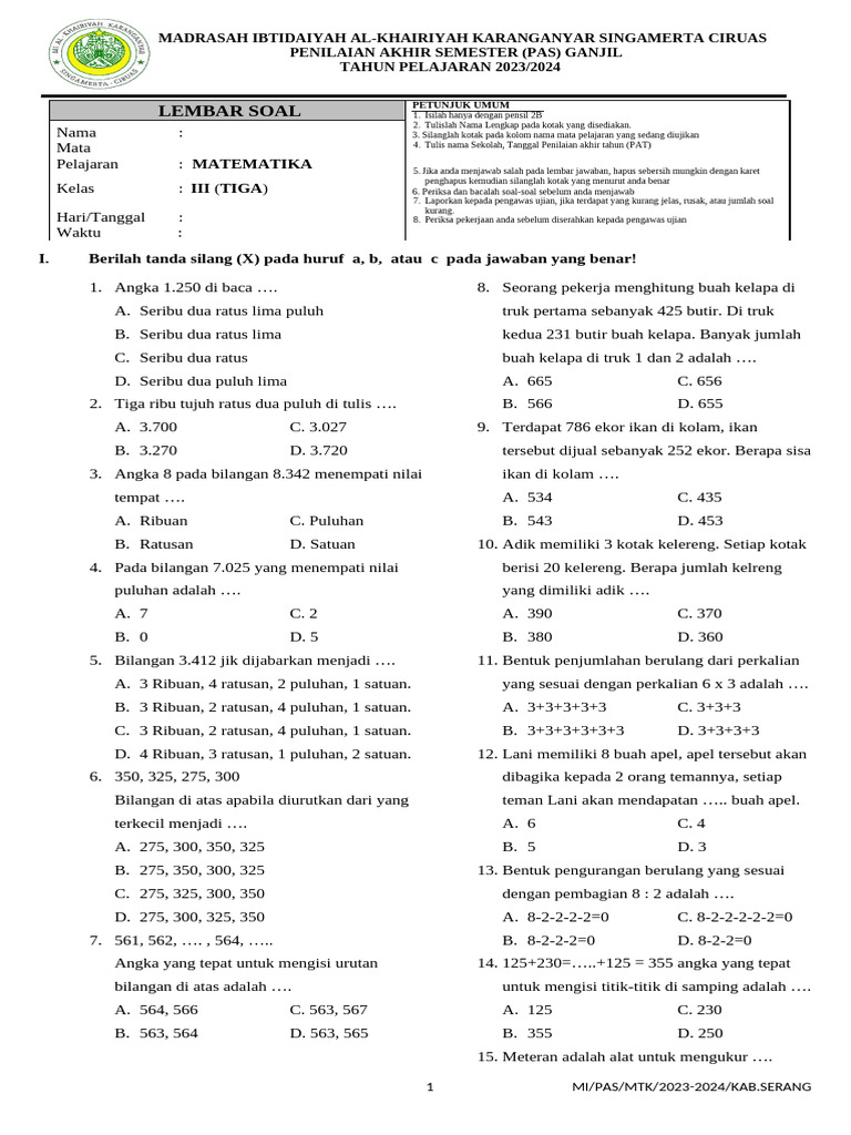 PAS GANJIL MTK Kls 3 | PDF