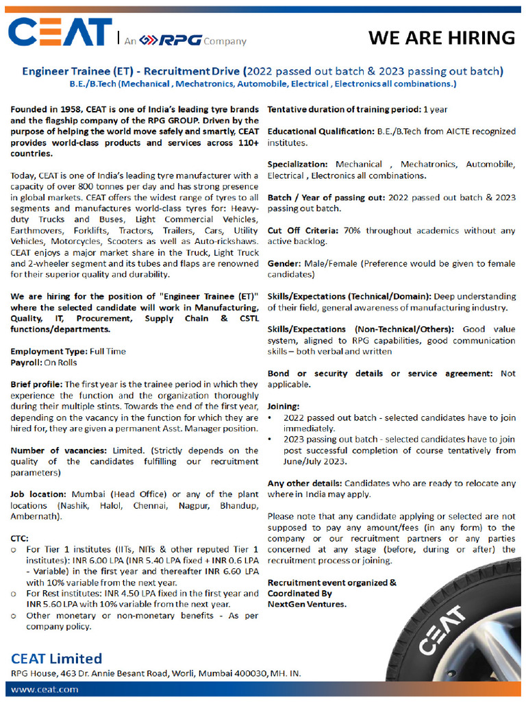 CEAT Engineer Trainee 2022 & 2023 Batch | PDF