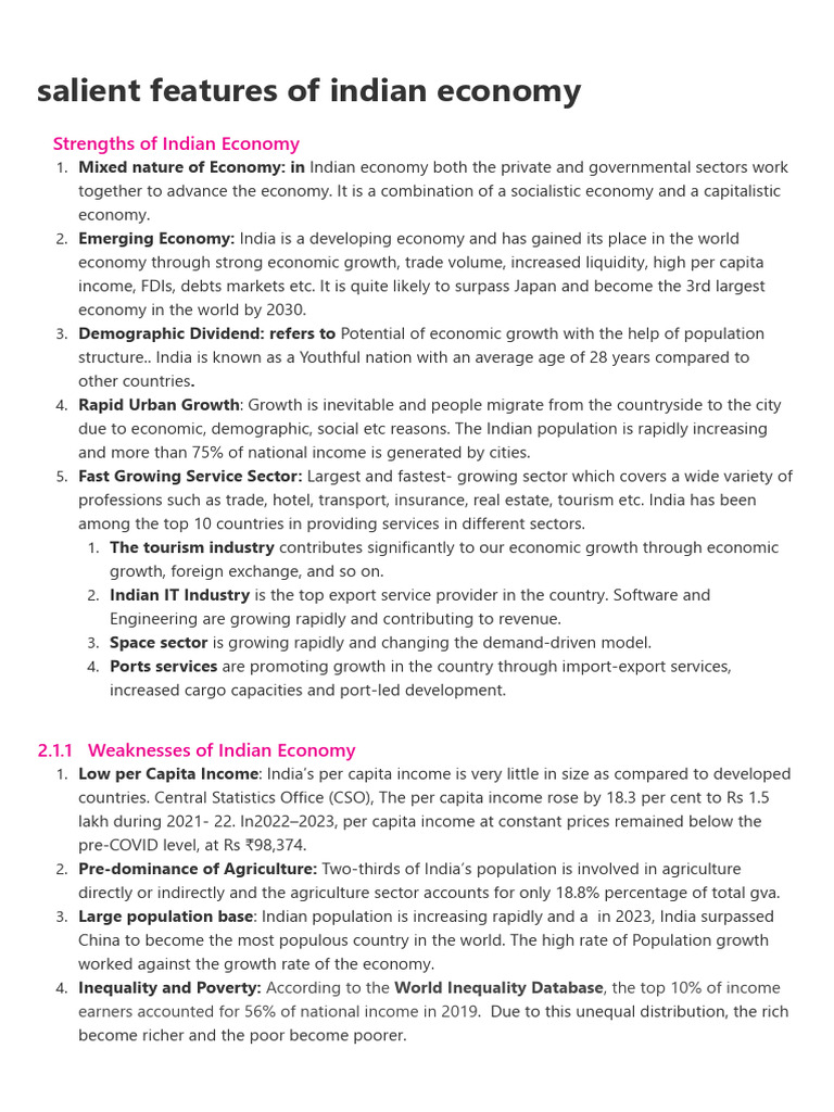 26salient Features of Indian Economy | PDF
