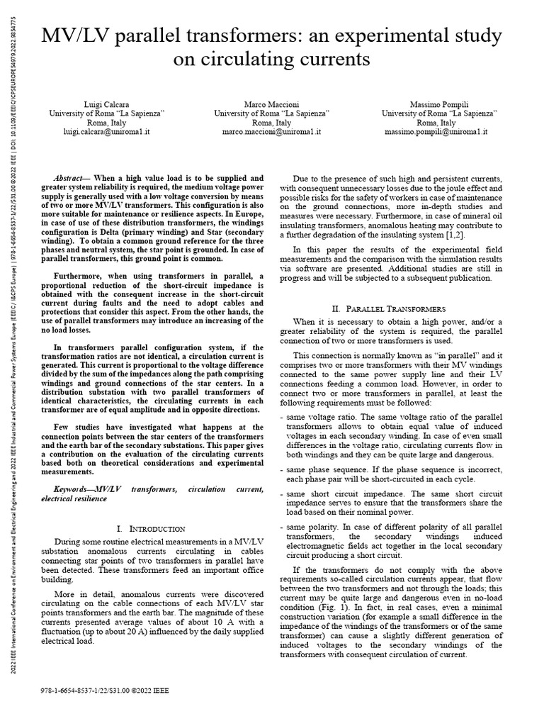 MV LV Parallel Transformers An Experimental Study On Circulating ...