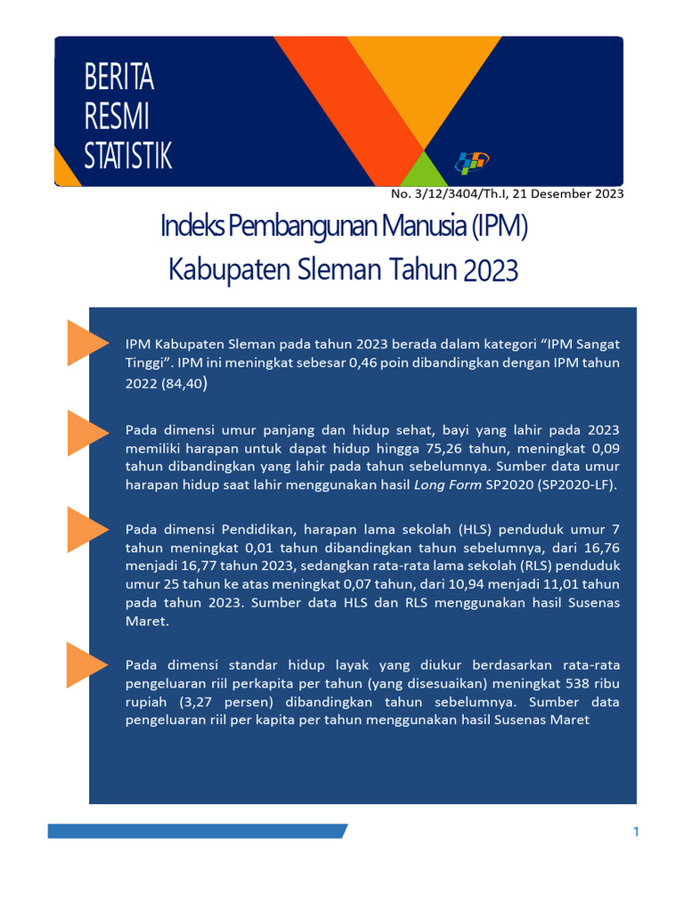 Indeks Pembangunan Manusia Ipm Kabupaten Sleman Tahun 2023 | PDF