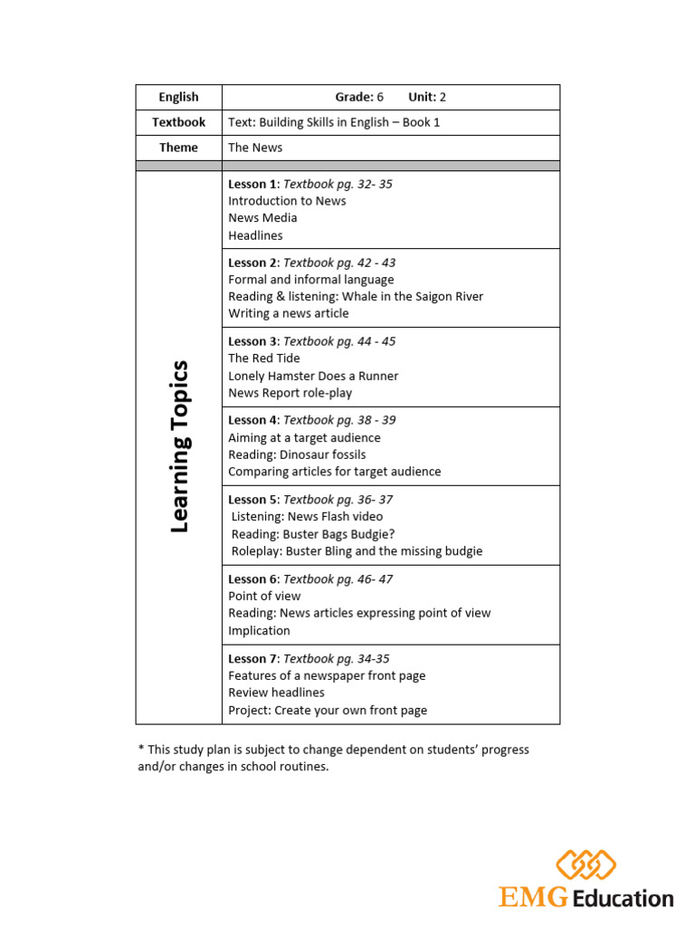 Grade 6 - Unit 2 - Study Plan | PDF