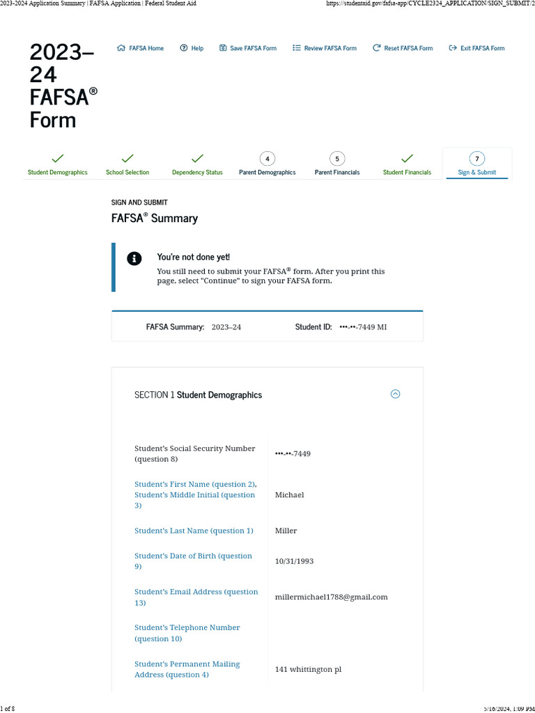 2023-2024 Application Summary FAFSA Application Federal Student Aid | PDF