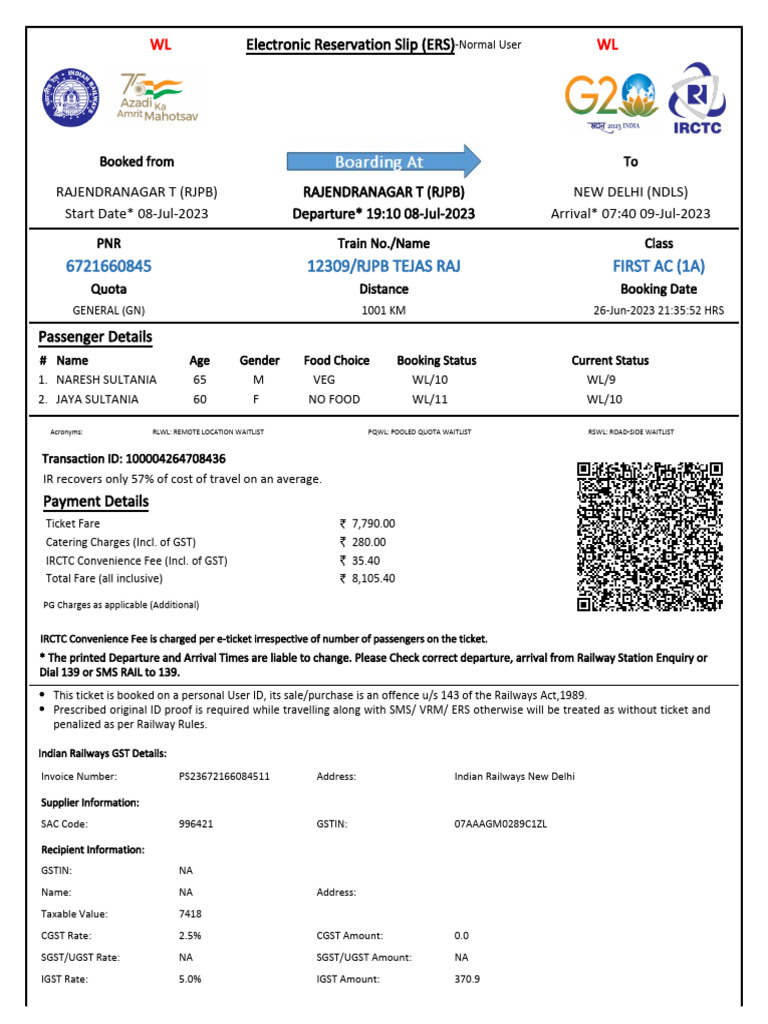 12309/Rjpb Tejas Raj First Ac (1A) : WL WL | PDF