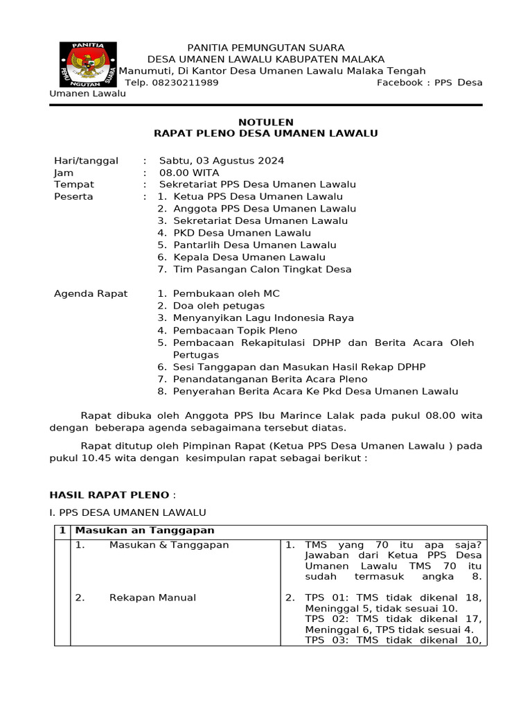 Notulen Rapat Pleno 1 | PDF
