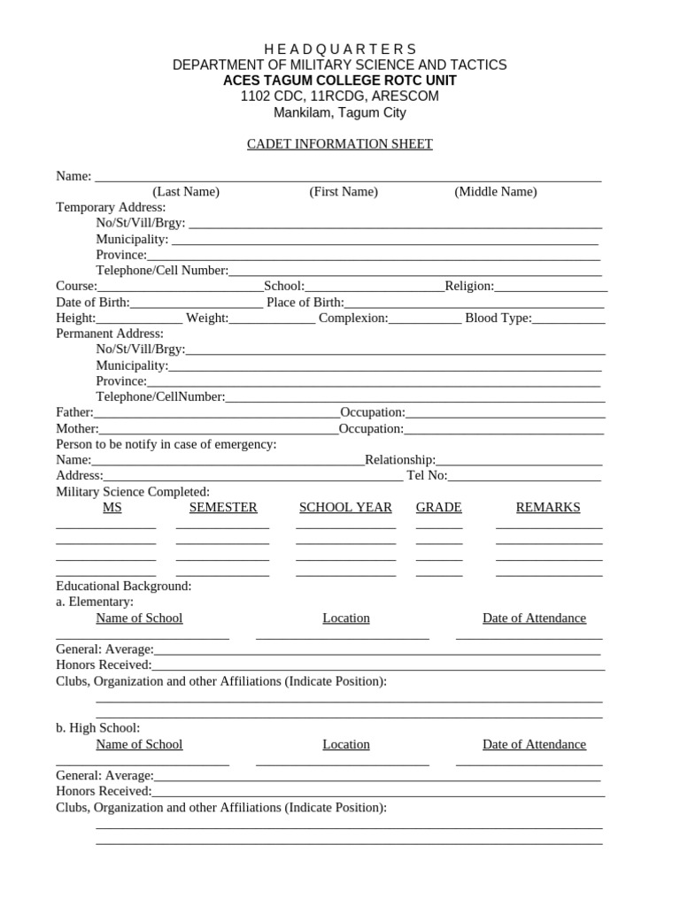 03 Cadet Information Sheet | PDF