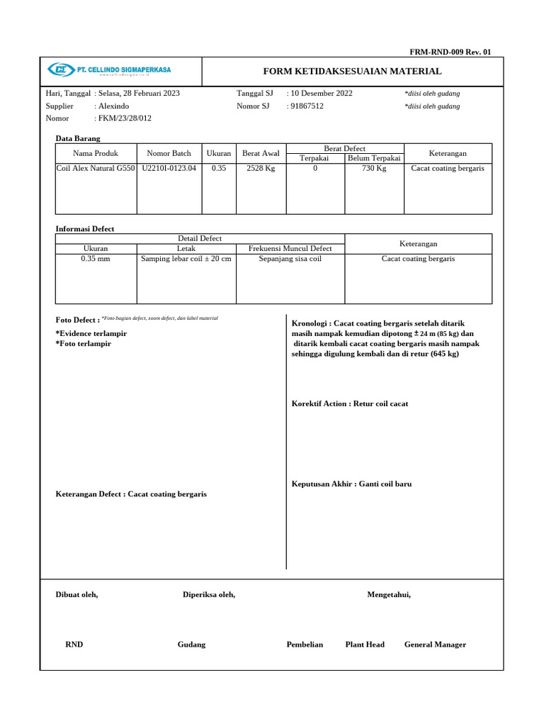 FRM-RND-009 REV 01 - Form Ketidaksesuaian Material Alex Natural | PDF
