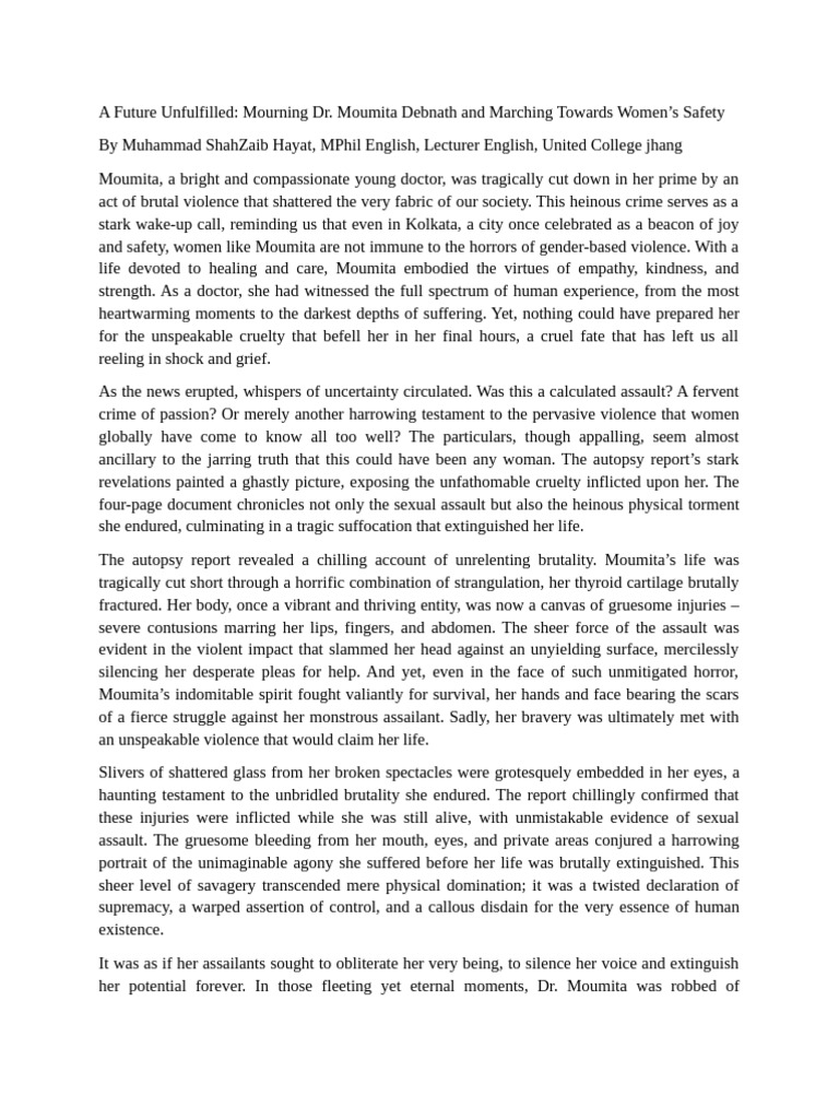 A Future Unfulfilled Mourning Dr. Moumita Debnath | PDF | Violence