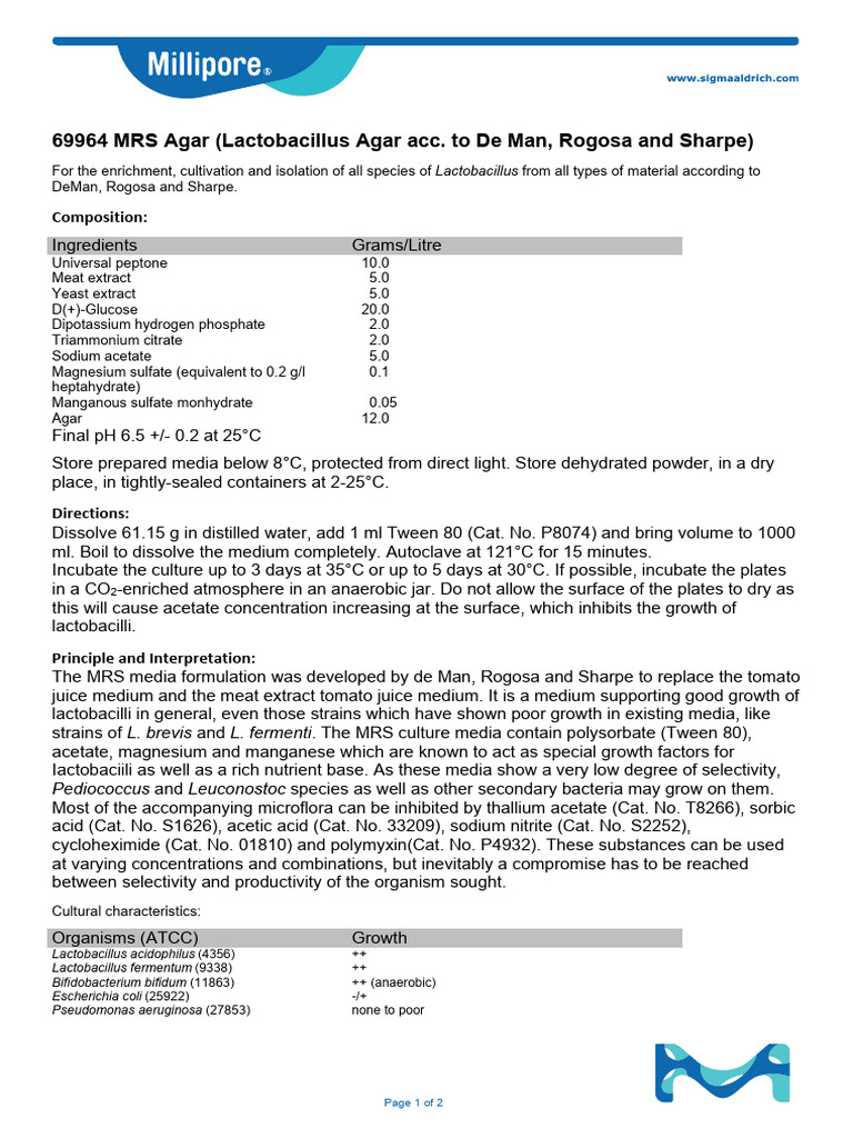 MRS Agar (Lactobacillus Agar Acc. To de Man, Rogosa and Sharpe) | PDF
