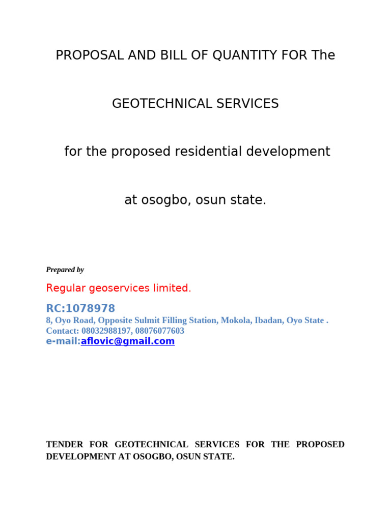 Proposal and Bill of Quantity For Osogbo Geotechnical Investigation | PDF