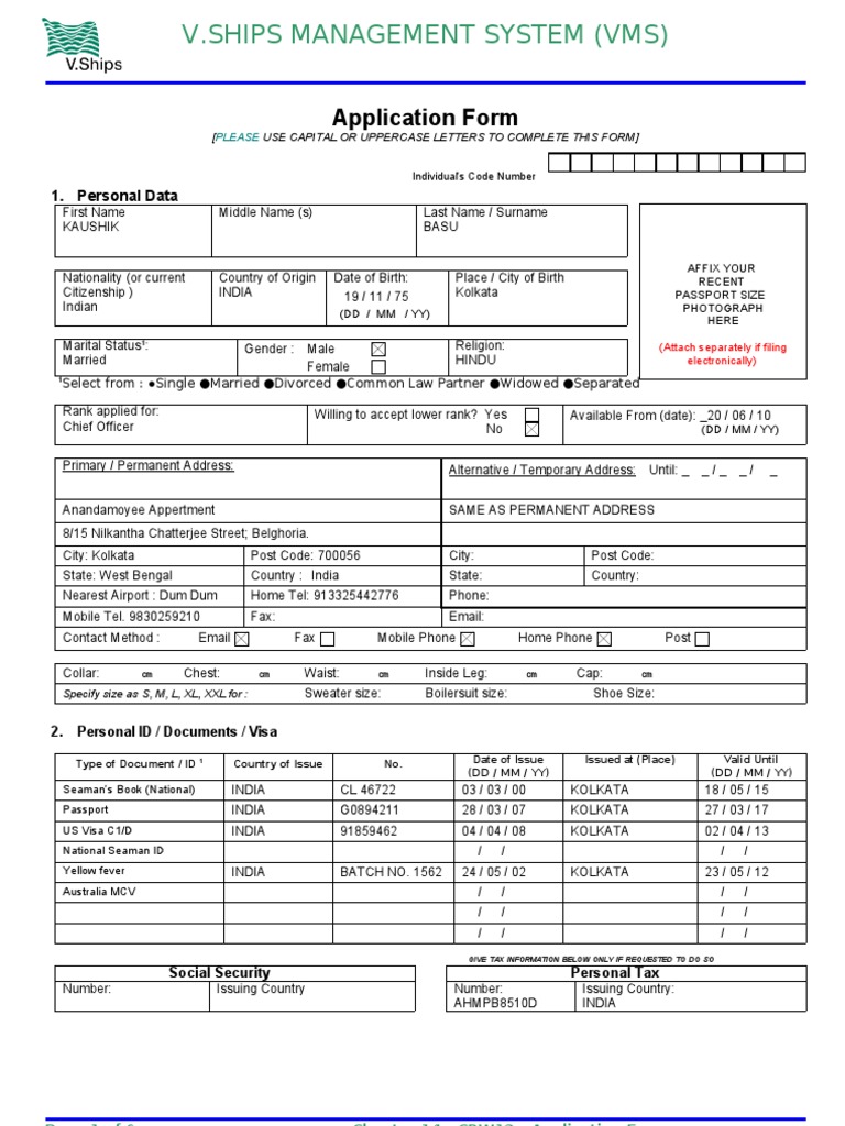 V Ships Appln Form | PDF | Identity Document | Ships