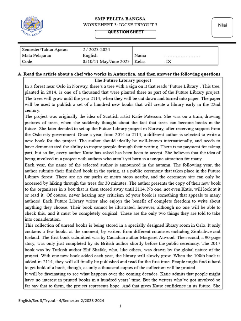 SEC3 - ENGLISH - TRYOUT 4 - IGCSE 3 - Reading and Writing - WS - 2324 | PDF