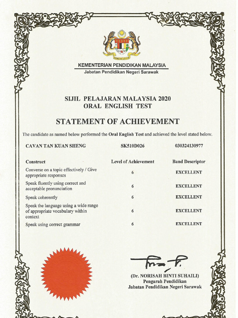 English - Statement of Achievement - Cavan Tan | PDF