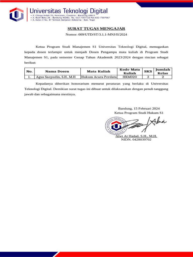 Surat Tugas Mengajar HKM Genap 2023-2024 - Agus Saepudin, S.H., M.H | PDF