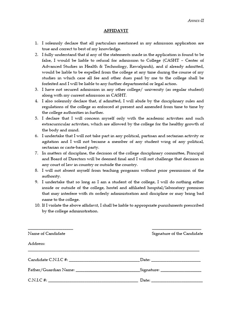 Admission Affidavit Sample | PDF