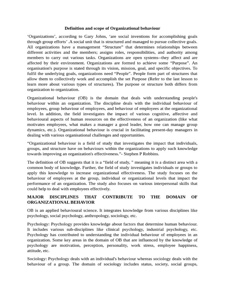 Definition and Scope of Organizational Behaviour | PDF