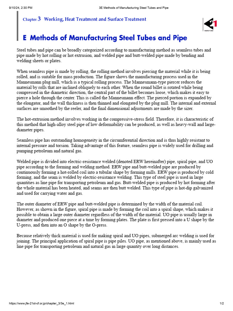 E Methods of Manufacturing Steel Tubes & Pipes | PDF