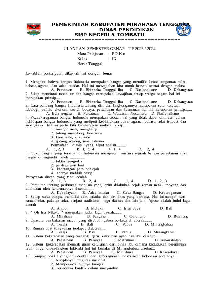 SOAL GENAP KLS 9 K13 TA. 2023-2024 | PDF