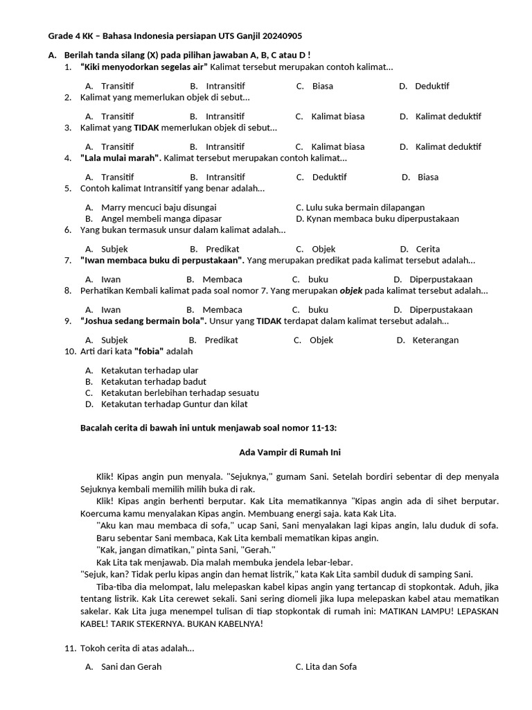 Grade 4 KK - Bahasa Indonesia Persiapan UTS Ganjil 20240905 | PDF