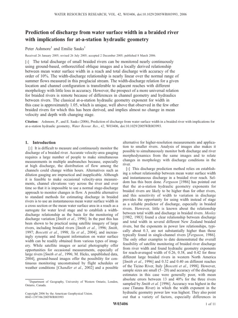 Prediction of Discharge From Water Surface Width in A Braided River ...