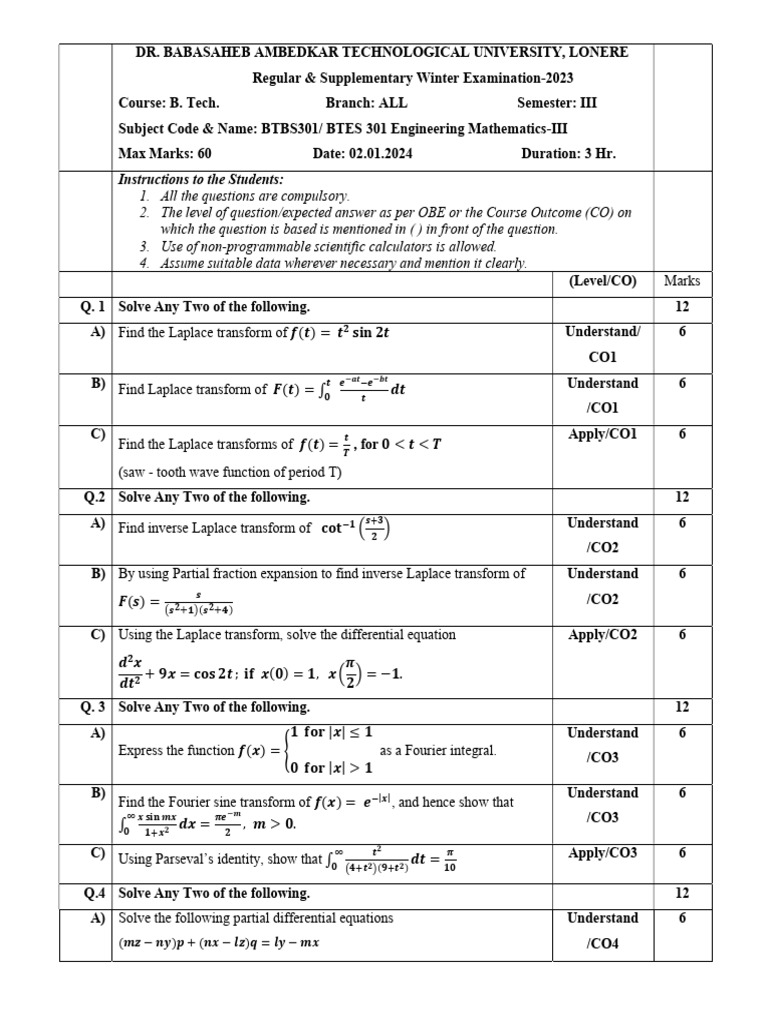Engineering Mathematics-III 2024 Paper DBATU | PDF