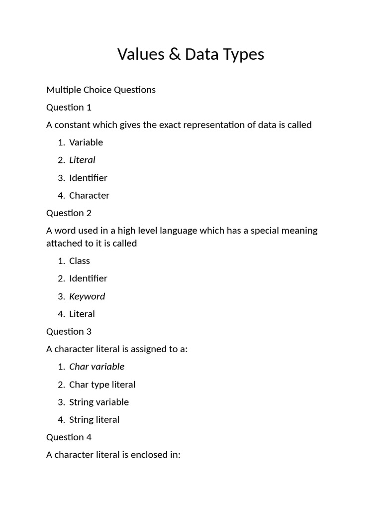 9 Icse Values and Data Types Ws | PDF