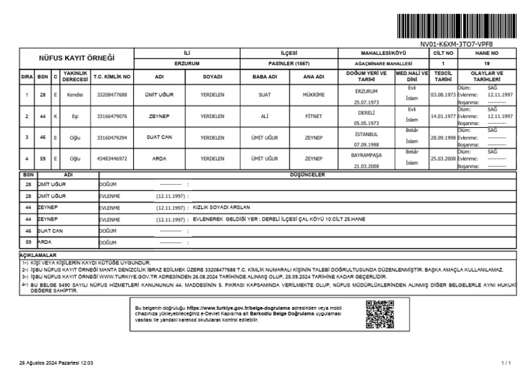 Nufus Kayit Ornegi | PDF