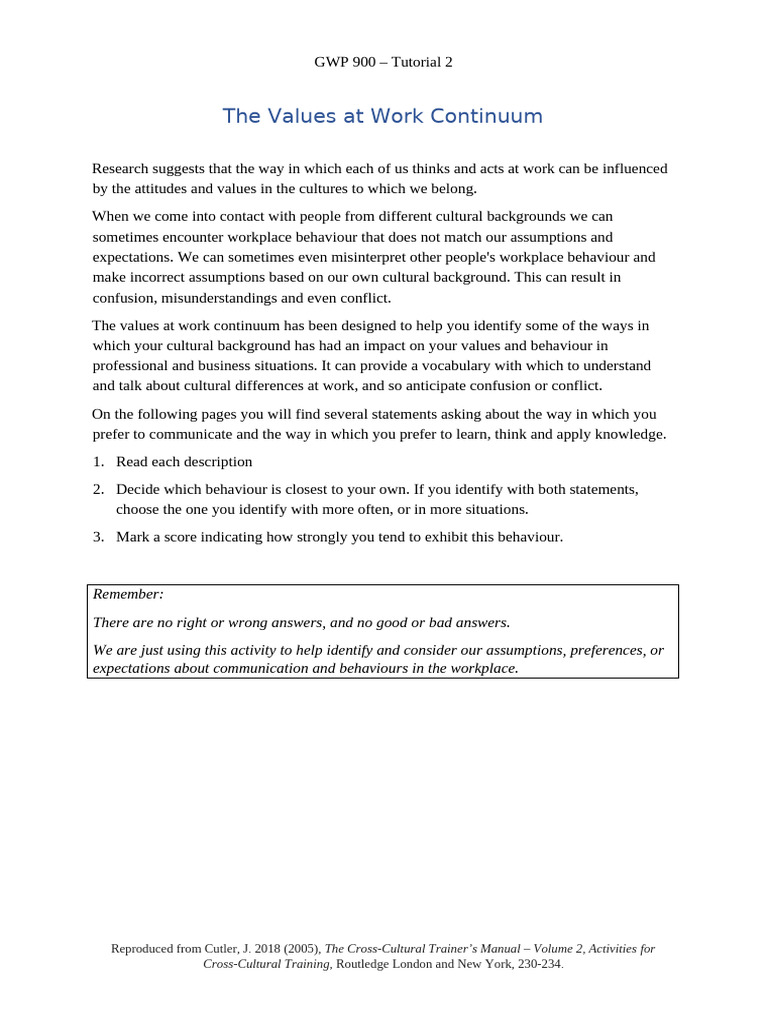 Values at Work Continuum | PDF