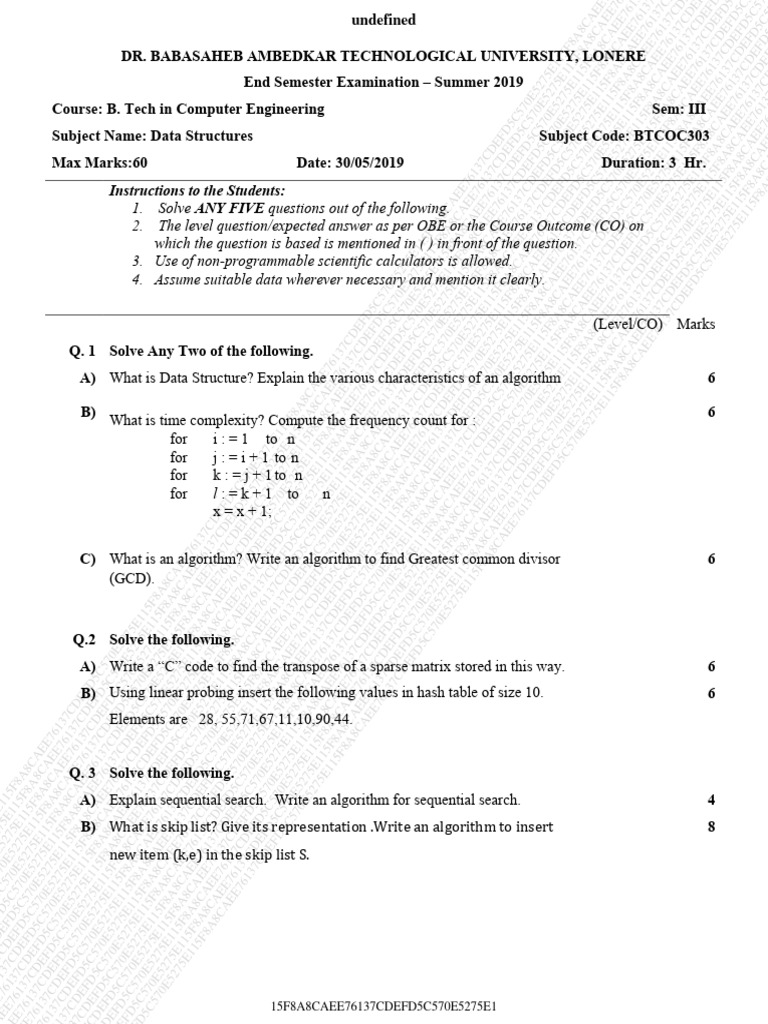 Data Structures 2019 Dbatu Paper | PDF