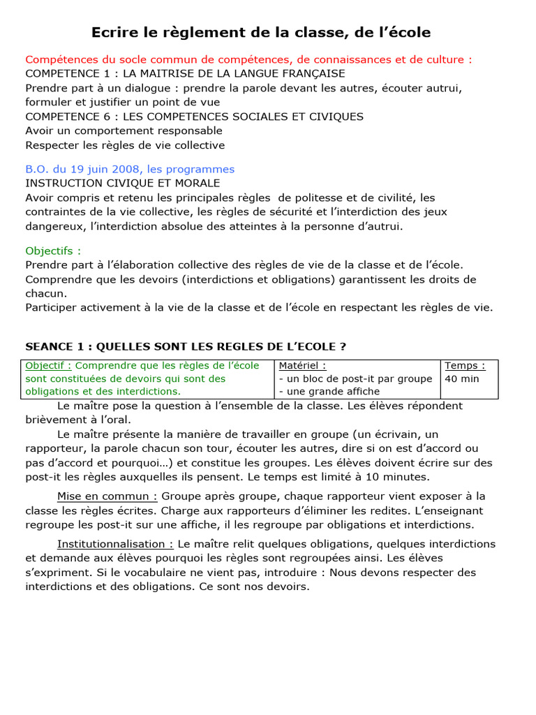 Ecrire Le Reglement de La Classe | PDF