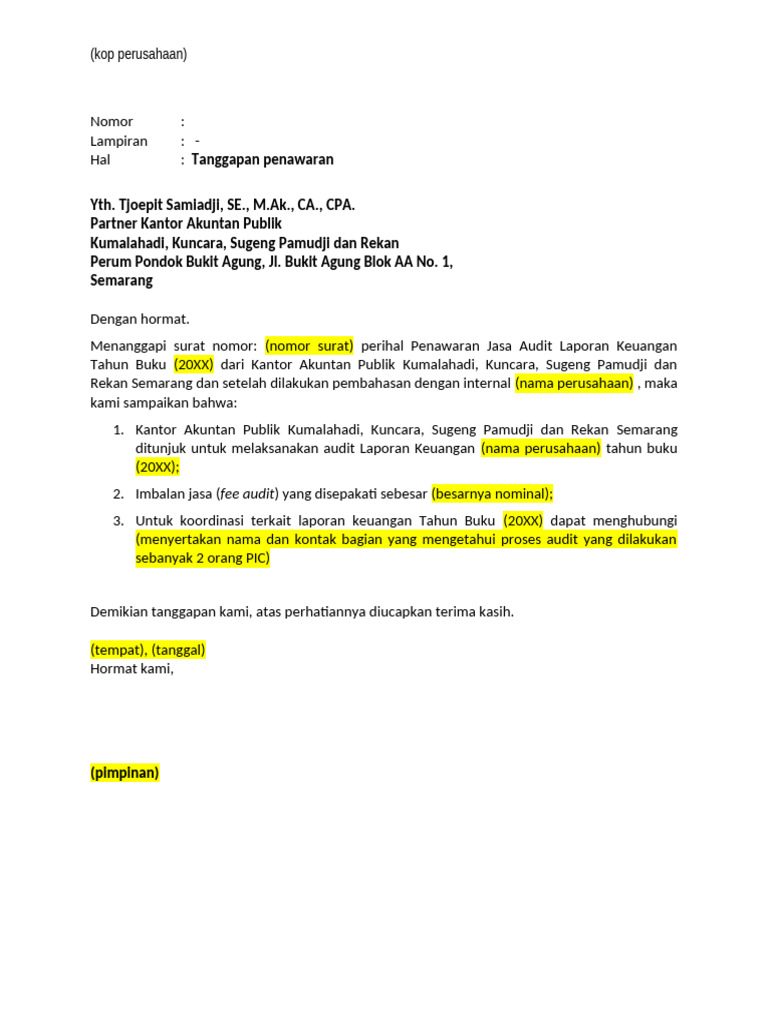 Surat Tanggapan Penunjukan Audit - Contoh Format | PDF