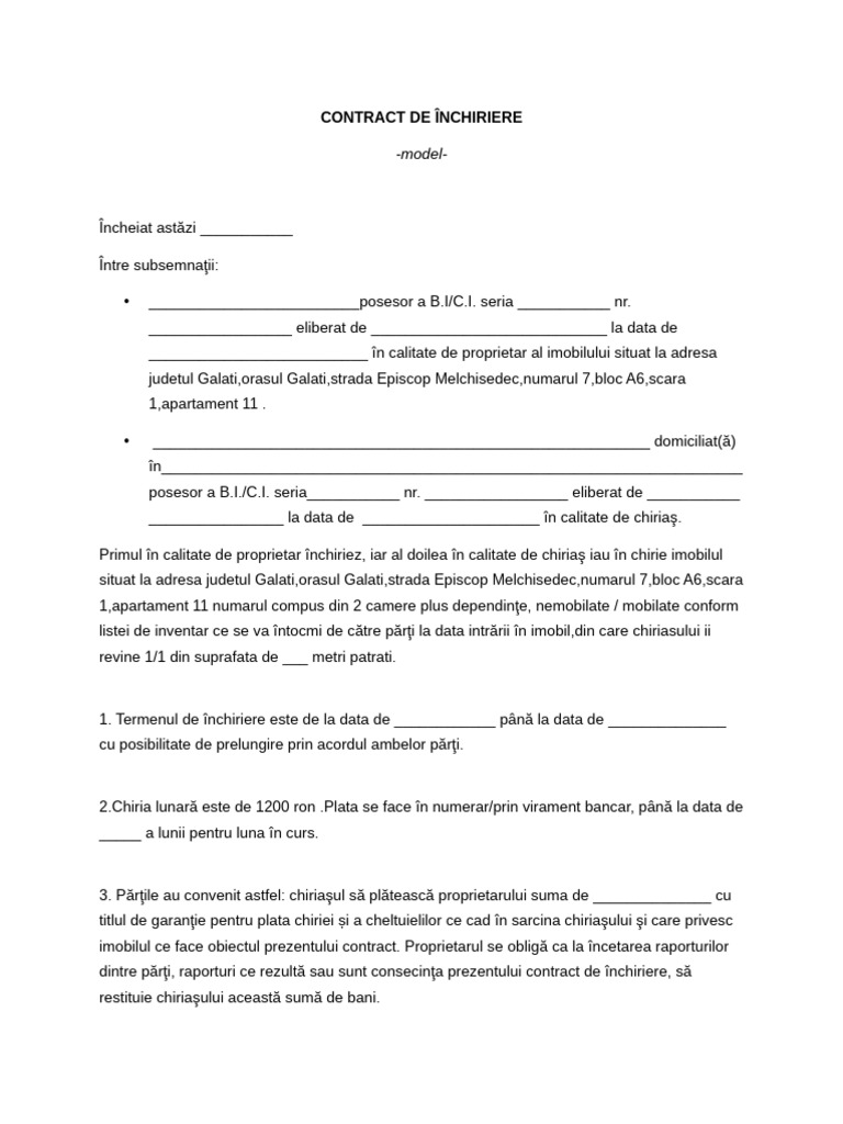 Model Contract Închiriere | PDF