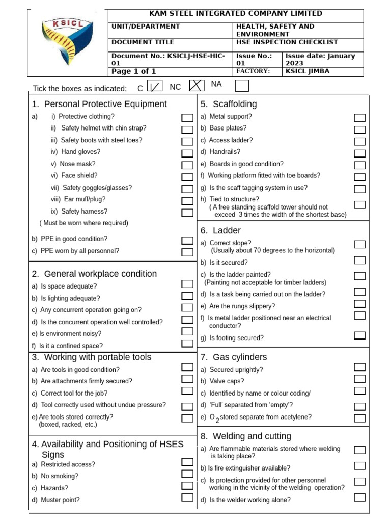 Hse Inspection Checklist Emma | PDF