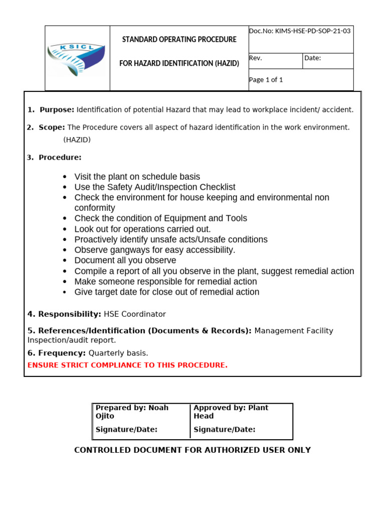 Hse Sop For Hazid 1 | PDF