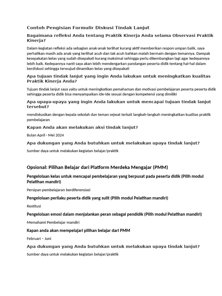 CONTOH FORM PENGISIAN TINDAK LANJUT | PDF