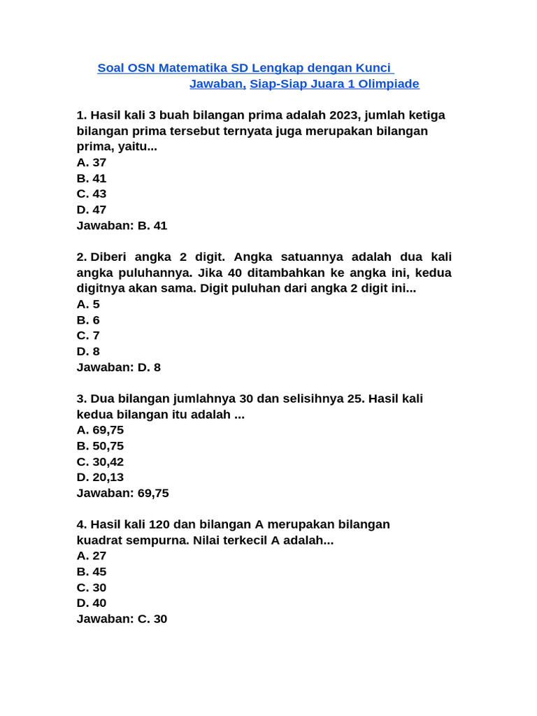 Soal OSN Matematika SD Lengkap Dengan Kunci Jawaban, Siap-Siap Juara 1 Olimpiade | PDF