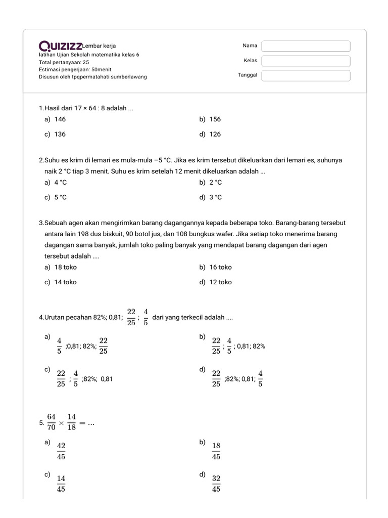 Latihan Ujian Sekolah Matematika Kelas 6 - Quizizz | PDF