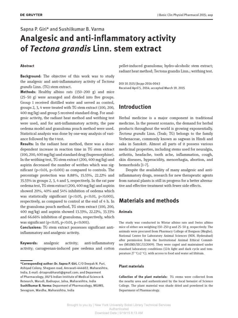 (Giri Et Al, 2015) Analgesic and Anti-Inflammatory Activity of Tectona Grandis Linn. Stem ...