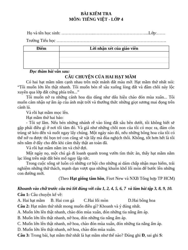 Đê 2 Tiếng Việt 4 CK2. (2023-2024) | PDF